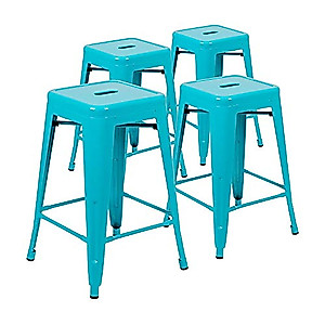 Flash Furniture 24" High Metal Counter-Height, Indoor Bar Stool in Teal - Stackable, Pack of 4