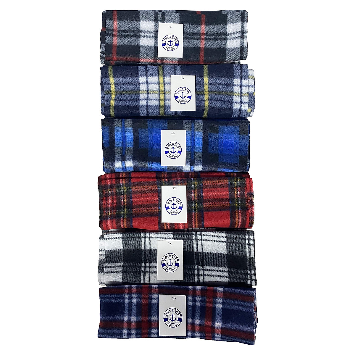Yacht & Smith Warm Fleece Knit Winter Neck Scarfs and Bulk, Unisex Black, Plaid Stripe Design (12 PACK FLEECE PLAID)
