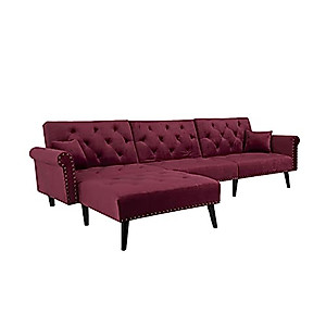 Cotoala L-Shape Convertible Sectional Sleeper Sofa with 2 Pillows, Adjustable Back, Modern Velvet Couch with Lounge Chairs, for Living Room, Office, Red