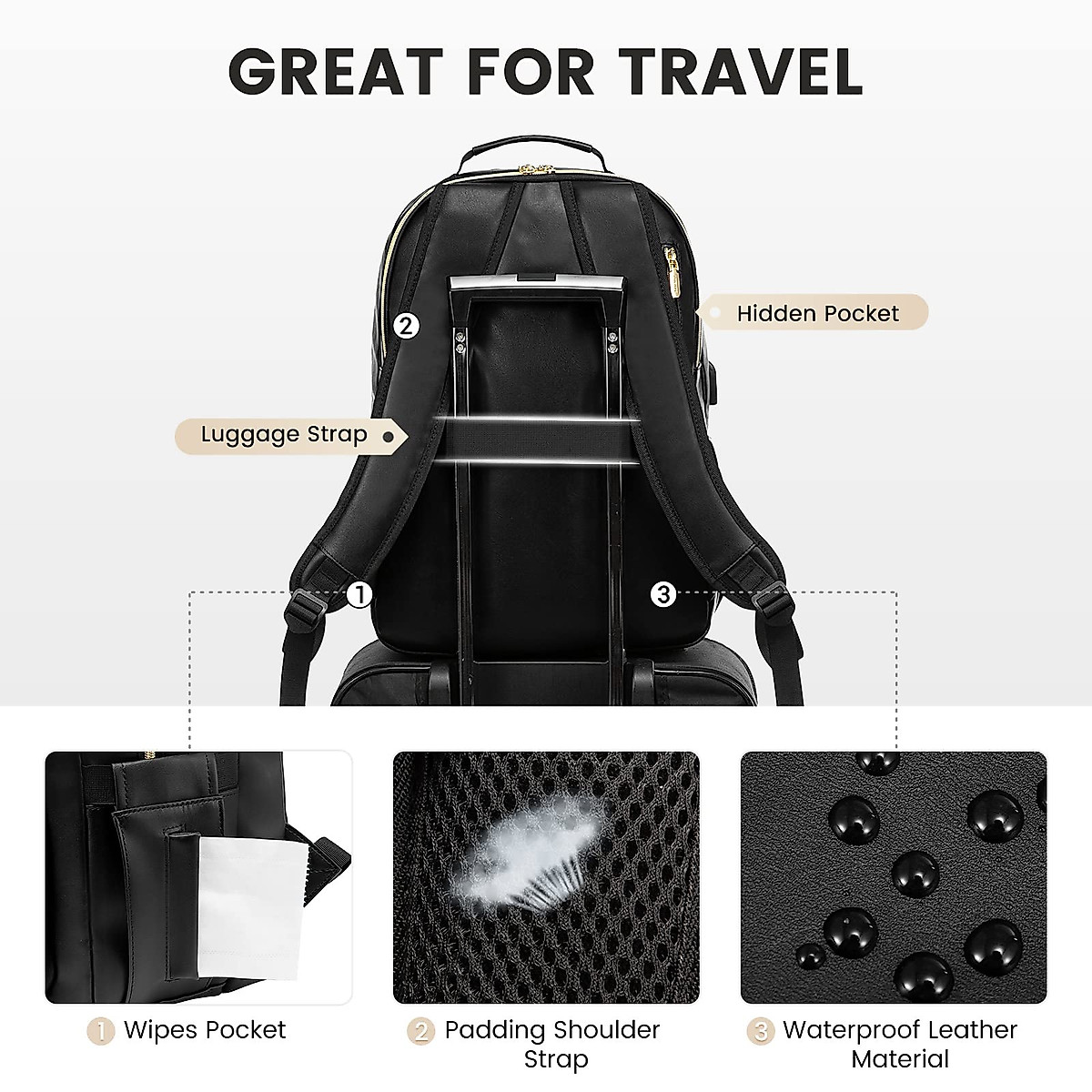 LOVEVOOK Laptop Backpack for Women, Faux PU Leather Quilted Backpack Purse, Business Computer Travel Work Bags, Nurse Backpack for Work, Fits 15.6-Inch Laptop, Black