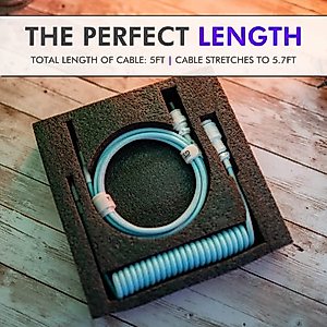Tilted Nation Coiled USB C Cable for Mechanical Keyboard - Flexible but Tough - Detachable Aviator Coiled Keyboard Cable USB C - (5ft to 5.7ft Length) USB-A to USB-C Keyboard Coiled Cable - Blue