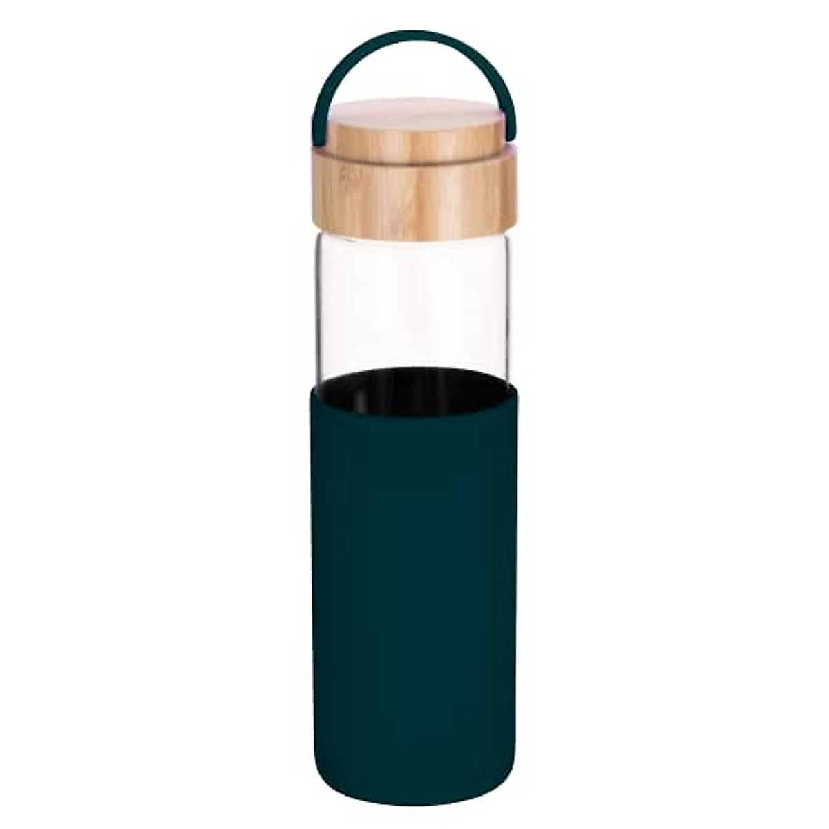 tanjoon 20 oz Borosilicate Glass Water Bottle with Leak-Proof Bamboo Lid and Silicone Handle and Protective Sleeve (TEAL) - BPA Free - Easy to Carry - Dishwasher Safe