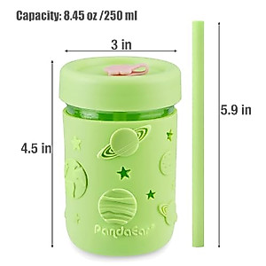 PandaEar Kids & Toddler Glass Cups, 4 Pack Glass Mason Jar Cups 8.45 oz with Silicone Sleeves & Straws, Toddler Spill-Proof Smoothie & Snack Cups