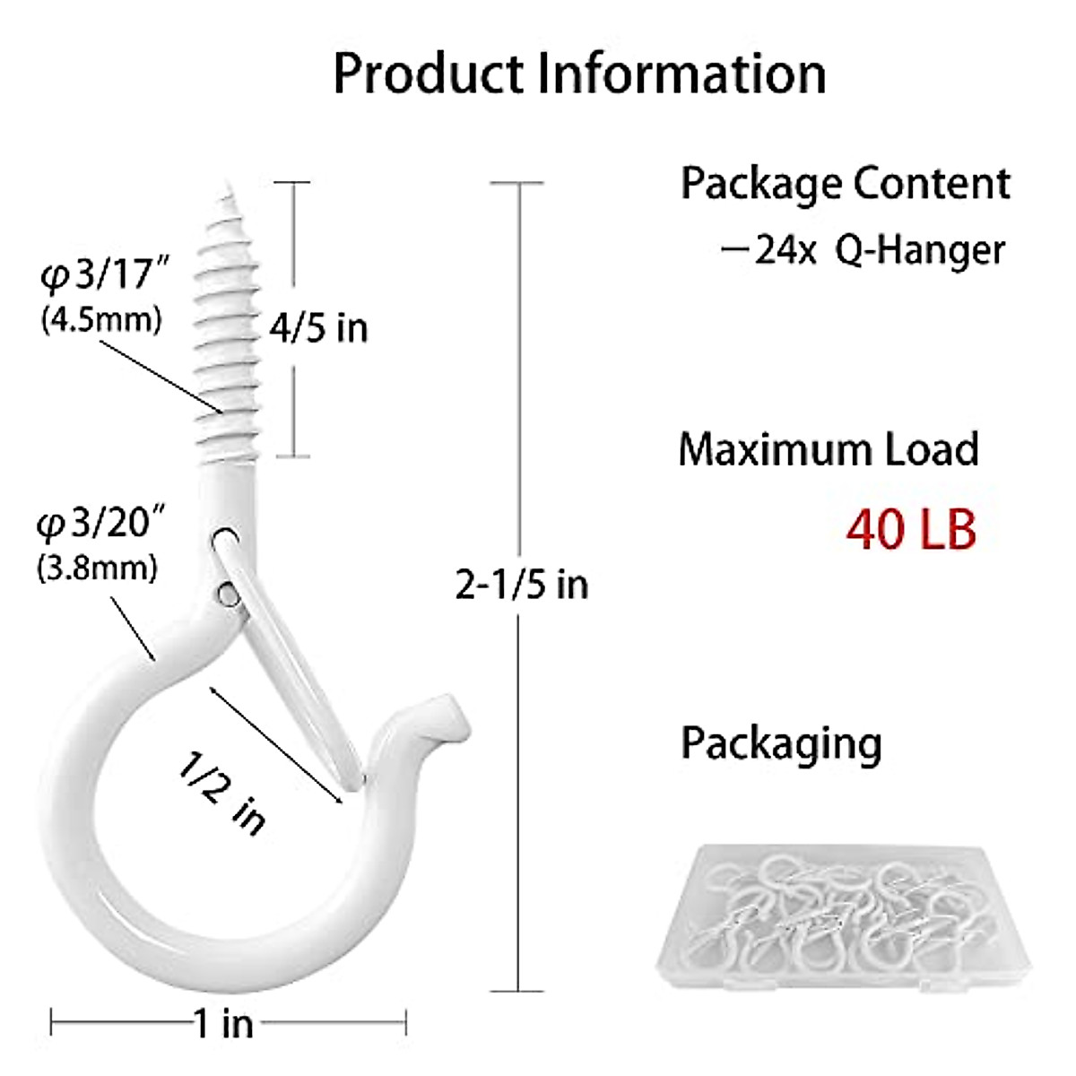 BEHENO 20 PCS Black Screw Hooks and 24 PCS White Screw Hooks, Safety Buckle Design, Easy Release