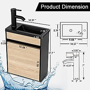 UEV Small Bathroom Vanity Wall Mounted, Black and White Mixed Small Bathroom Vanity, with Ceramic Sink, Bathroom Vanity and Sink Set with Frosted Black Faucet P-Trap (Black and Natural)