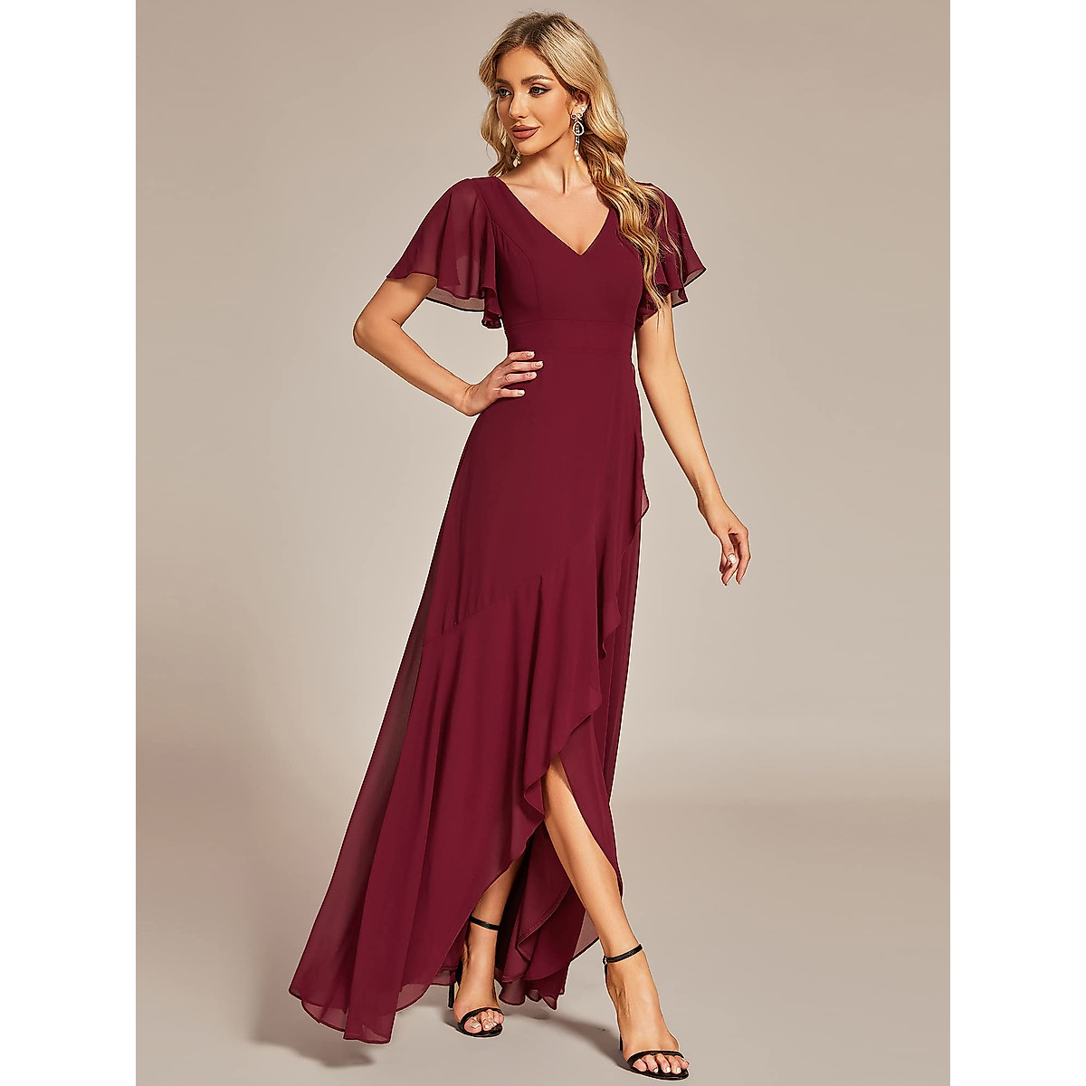 Ever-Pretty Women's Double V Neck A Line Ruffle Hem Backless High Low Chiffon Wedding Guest Dresses Burgundy US14