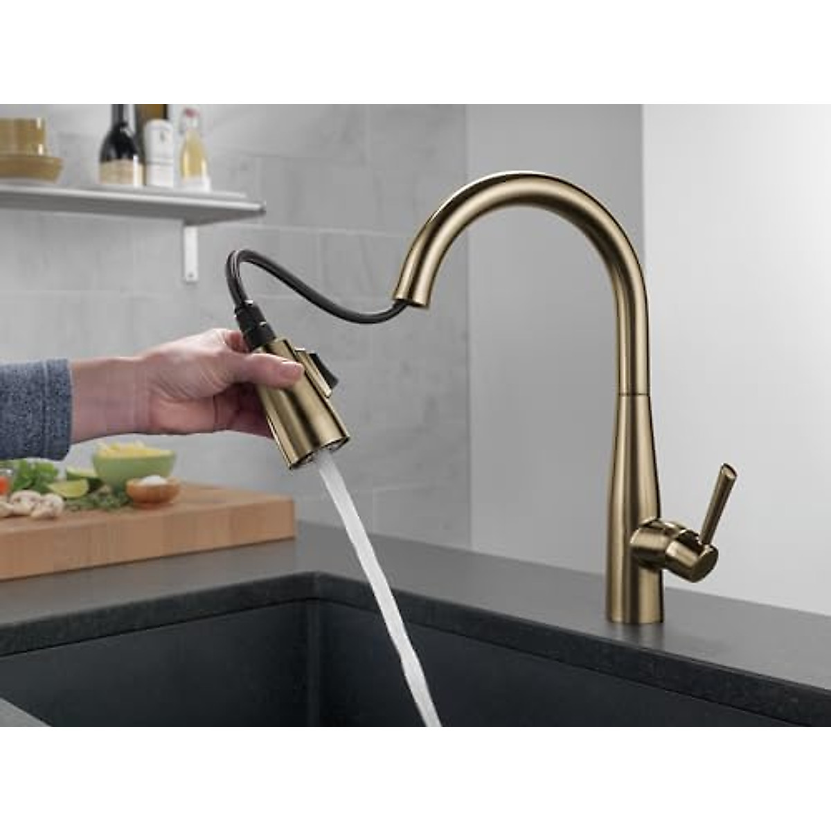 DELTA FAUCET Essa Kitchen Faucet with Pull Down Sprayer, Kitchen Sink Faucet Gold, Magnetic Docking Spray Head, Delta Kitchen Faucet Pull Down, Champagne Bronze 9113-CZ-DST
