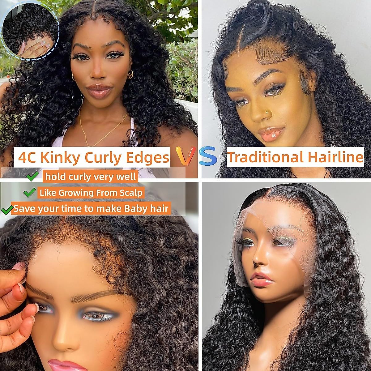 Kun Gang 180% Density Kinky 4C Curly Edges Wig Hairline 13X4 Lace Front Wigs HD Transparent Lace Frontal Wigs Human Hair with Curly Baby Glueless Frontal Wig Natural Pre Plucked (16inch, black)