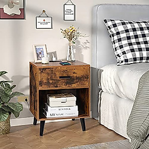 Quimoo Nightstand Set of 2 with Charging Station. Bedside Table with 1 Drawer and 1 Open Storage Space for Bedroom, Rustic Brown