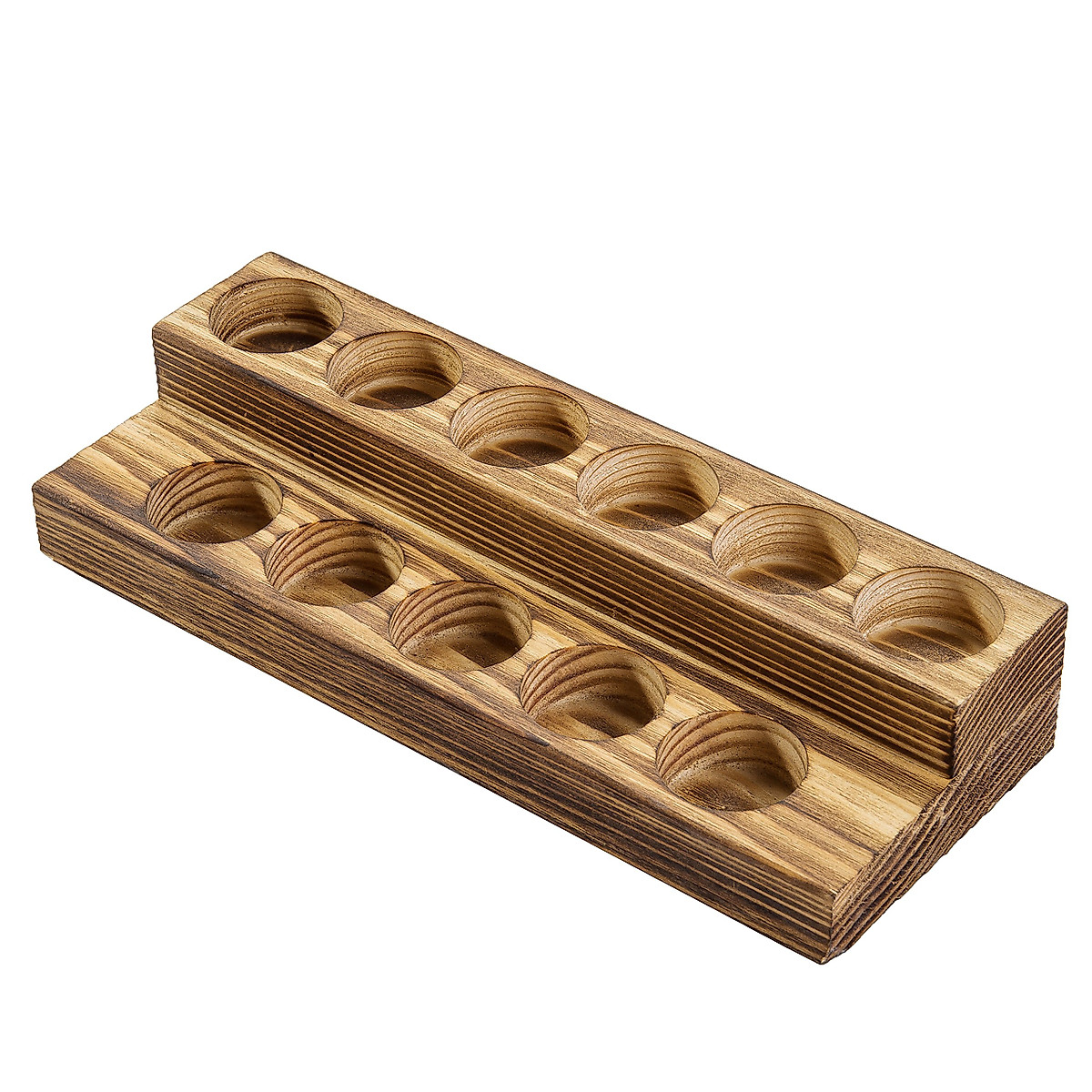 MyGift 8.5 Inch Rustic Burnt Solid Wood Essential Oil Holder Stand with 2 Tier Display, Vanity Tabletop Cosmetic Storage Organizer Rack, Holds 11 (20ml) Bottles