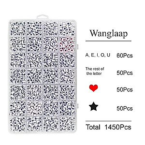 WangLaap 1450Pcs Acrylic 4x7mm Round Letter Beads Kits Alphabet Beads A-Z and Red Heart Black Star Beads for Bracelets Necklaces DIY Jewelry Making (White)