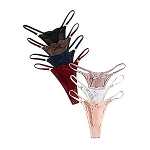 OYOANGLE Women's 7 Pieces Bow Low Rise Scallop Trim Thong Panties Contrast Lace Underwear Multicolor M