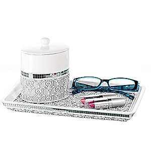 Creative Scents Mirror Damask Qtip Holder - Decorative Canister Jar, Durable Cotton Swab Ball Holder/Container - Beautiful Bathroom Vanity Accessories, Elegant Bath Accessories Storage (Gray & White)