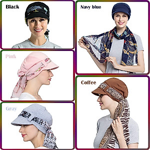 JarseHera Chemo Hats for Women Bamboo Cotton Lined Newsboy Caps with Scarf Double Loop Headwear for Cancer Hair Loss Light Gray