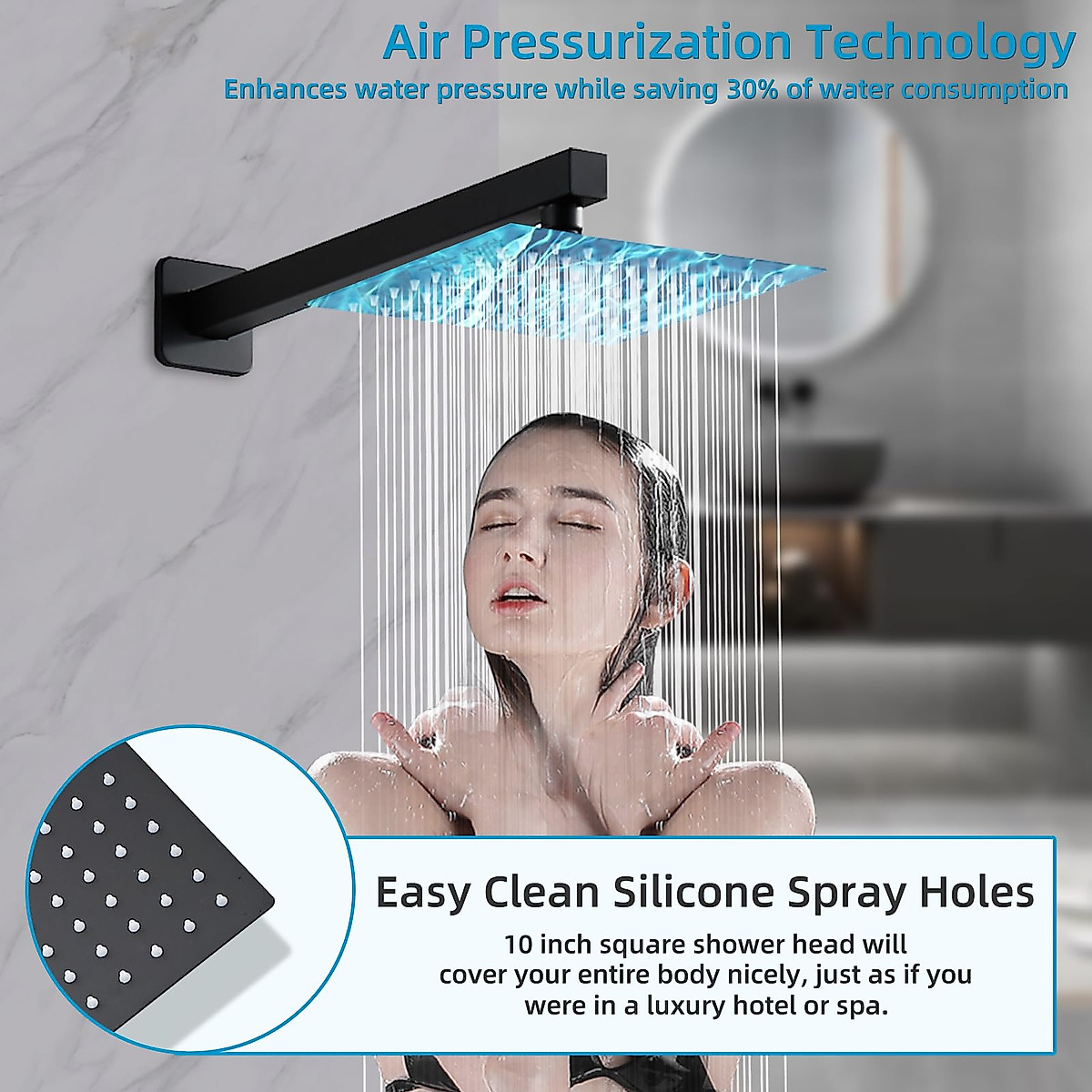 RTTWYYUU Matte Black Shower Faucet Set with Tub Spout 10 Inch, Shower Head and Handle with 2 Hooks, Tub and Shower Faucet Combo, Rain Shower and Handheld Shower System Square Wall Mount for Bathroom