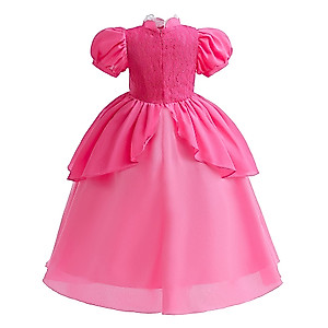 Akokvlar Princess Peach Costume for Girls Deluxe Halloween Dress Up Outfit with Accessories (Pink, 5-6 Years)