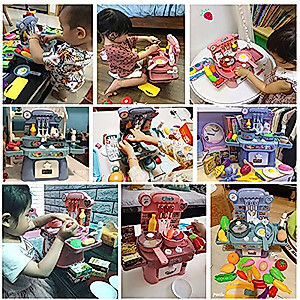 Kitchen Toys Imitated Chef Light Music Pretend Cooking Food Play Set Children Girl Toy Gift Fun Game Toy Kitchen Sink with Running Water and Electronic Induction Stove (blue kitchen and more food)