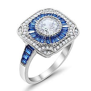 Art Deco Antique Style Ring Wedding Engagement Baguette Simulated Blue Sapphire Round Cubic Zirconia 925 Sterling Silver, Size-7