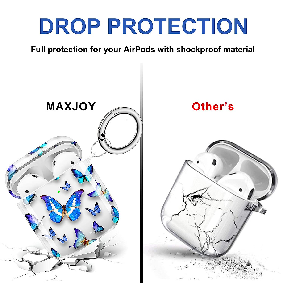 Maxjoy for AirPods Case Cover, Clear AirPod Case for Women Girly Cute Soft Protective Transparent iPod Case with Keychain Clip for AirPods 2nd 1st Generation Charging Case 2&1, Blue Butterfly