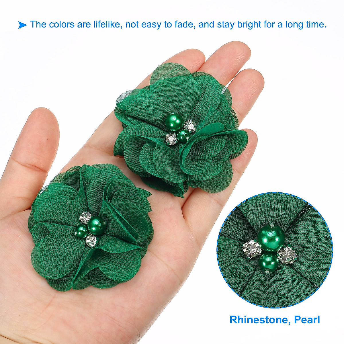 PATIKIL 2" Chiffon Flowers, 30Pcs Fabric Flowers Sewing Appliques Embellishments with Rhinestone Pearl for DIY Crafts Wedding Headbands Party Decoration, Green