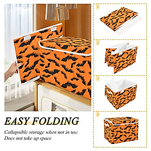 Storage Bins with Lid Silhouettes Of Black Bats Toys Fabric Storage Basket Large Collapsible Organizers Bedroom Halloween Orange Storage Boxes Cubes and Handles for Clothes Office Shelves