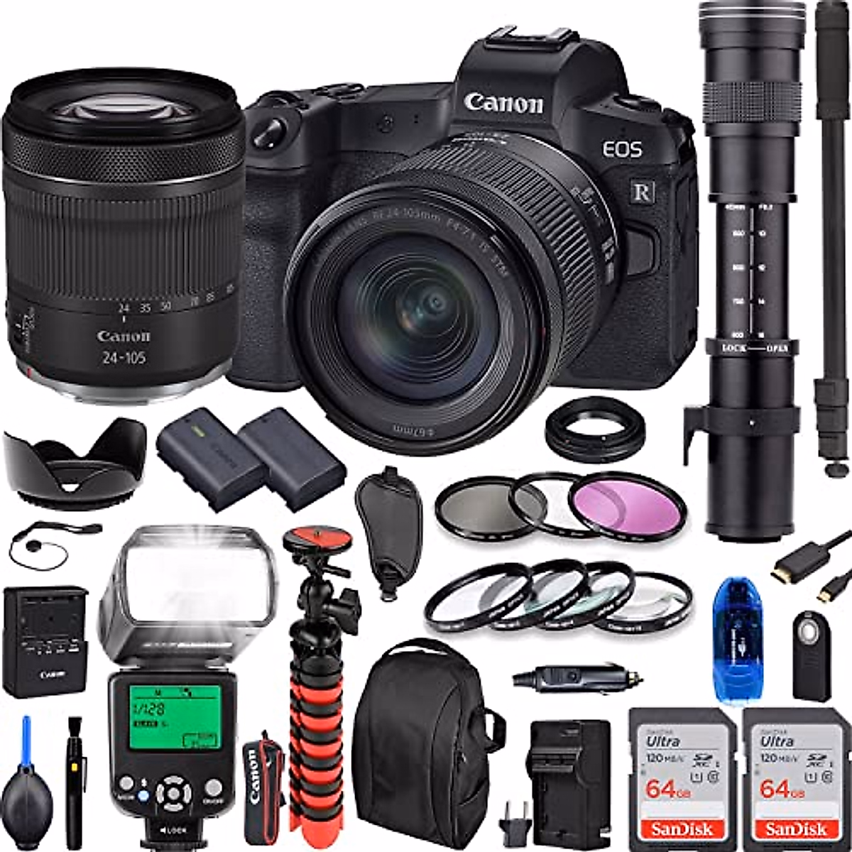 Camera Bundle for Canon EOS R Mirrorless Camera with RF 24-105mm f/4-7.1 is STM, 420-800mm f/8 Manual Telephoto Zoom Lens Extra Battery, TTL Flash, 128Gb Memory Card + Accessories Kit (Renewed)