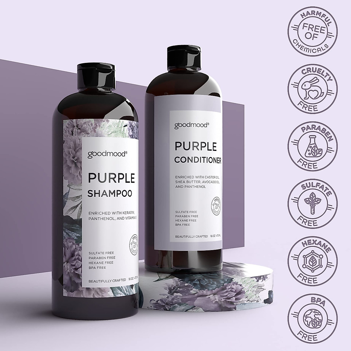 GoodMood Purple Shampoo and Conditioner Set For Blonde, Gray, Platinum Hair & Color Treated Hair, Paraben Free, 2x16oz