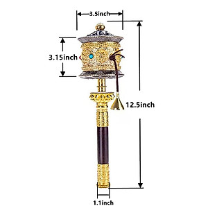 Copper Large Hand Held Prayer Wheel with Tibetan Buddhist Six-Character Truth Premium Buddha Scriptures, Wooden Handle Prayer Wheel for Praying, Blessing, Meditation, Healing, Relaxing, Yoga