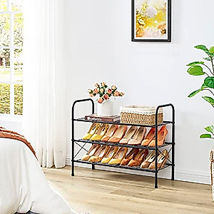 Tajsoon 3-Tier Stackable Shoe Rack Organizer, Adjustable & Expandable Shoe Storage Shelf for Entryway, Metal Wire Grid with X Shape Fixed Frame, Black