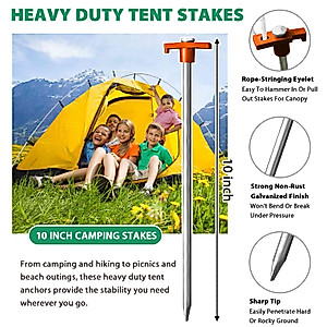 Eurmax USA Galvanized Non-Rust Camping Family Tent Pop Up Tent Stakes Canopy Anchors Heavy Duty 10pc-Pack, with 4x10ft Ropes & 1 Orange Stopper