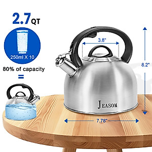 Jeasom Tea Kettle Stovetop - Food Grade Stainless Steel Whistling Tea Pot with Ergonomic Handle, Unique Button Control Kettle Outlet, Can Be Used in the Kitchen or Camping, 3.1 Q/3L