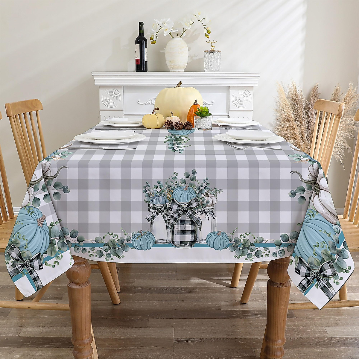 cusugbaso Fall Tablecloth 60x84 Inch Rectangle - Eucalyptus Blue Pumpkins Fall Decor for Home - Water Resistant Thanksgiving Table Cloth Rectangle for Party,Dinning,Home