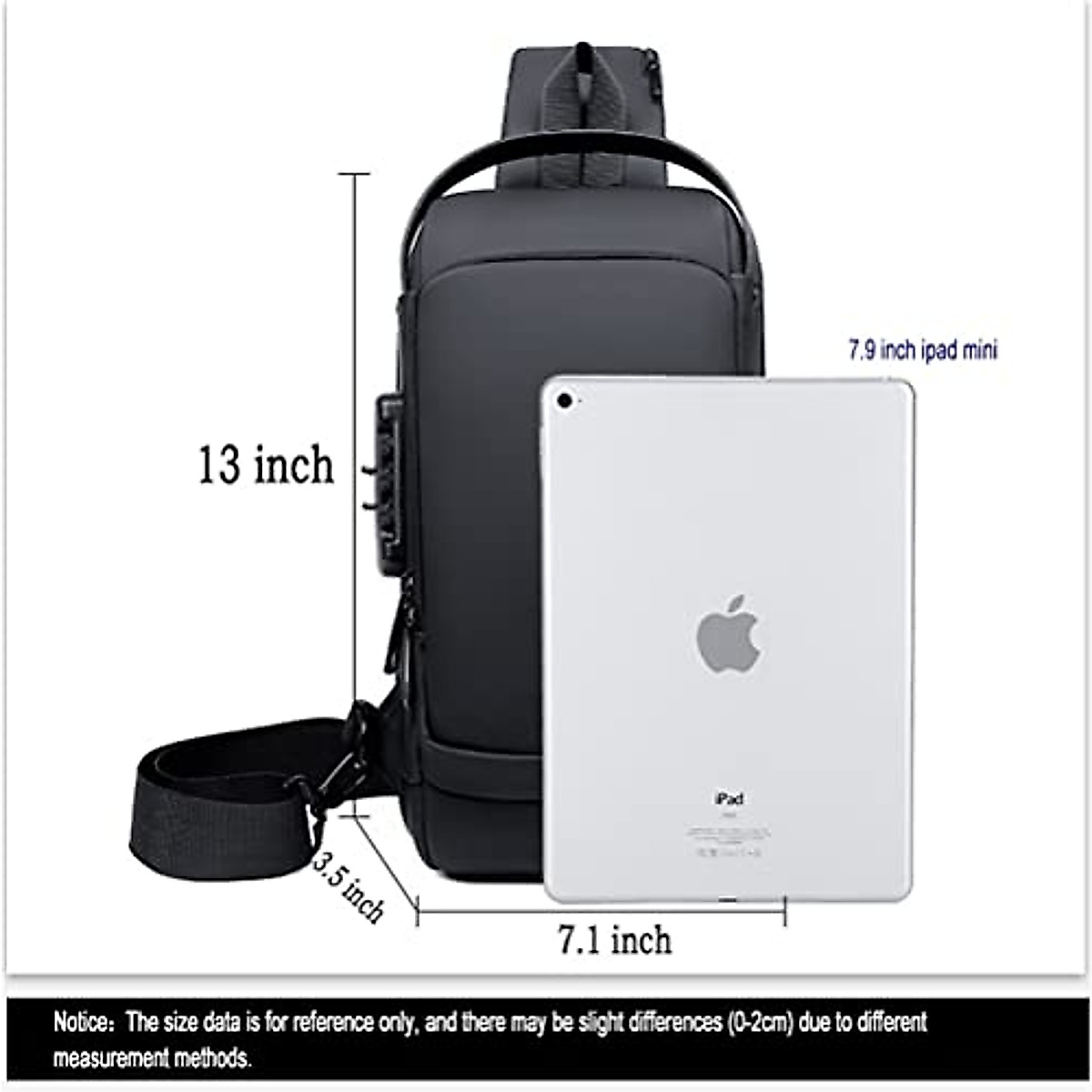 Anti theft Crossbody Sling bag,Waterproof Shoulder Backpack,Lightweight Chest Daypack with USB Charging Port,Fit for 7.9'' ipad mini(Black-2)