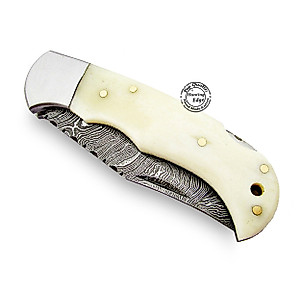 Hunting Edge Camel Bone 6.5'' 100% Handmade Damascus Steel Folding Pocket Knife 100% Prime Quality
