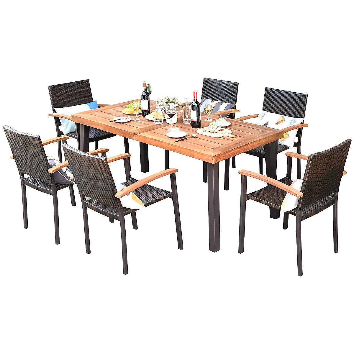 Tangkula 7-Piece Wicker Patio Dining Set, Patiojoy Outdoor Rattan Garden Yard Furniture Set, Acacia Wood Tabletop Dining Table with Umbrella Hole & 6 Stackable Rattan Chairs Set