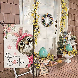 Happy Easter Cat Garden Flag for Outdoor,Cat with Bowknot Flowers Small Yard Flag,Seasonal Decors for Spring Farmhouse Holiday Outside 12x18 Double Sided