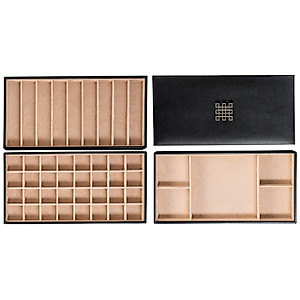 Glenor Co Jewelry Tray Organizer - 3 Large Stackable Trays & Lid - 46 Slot Storage for Drawer, Dresser - Black