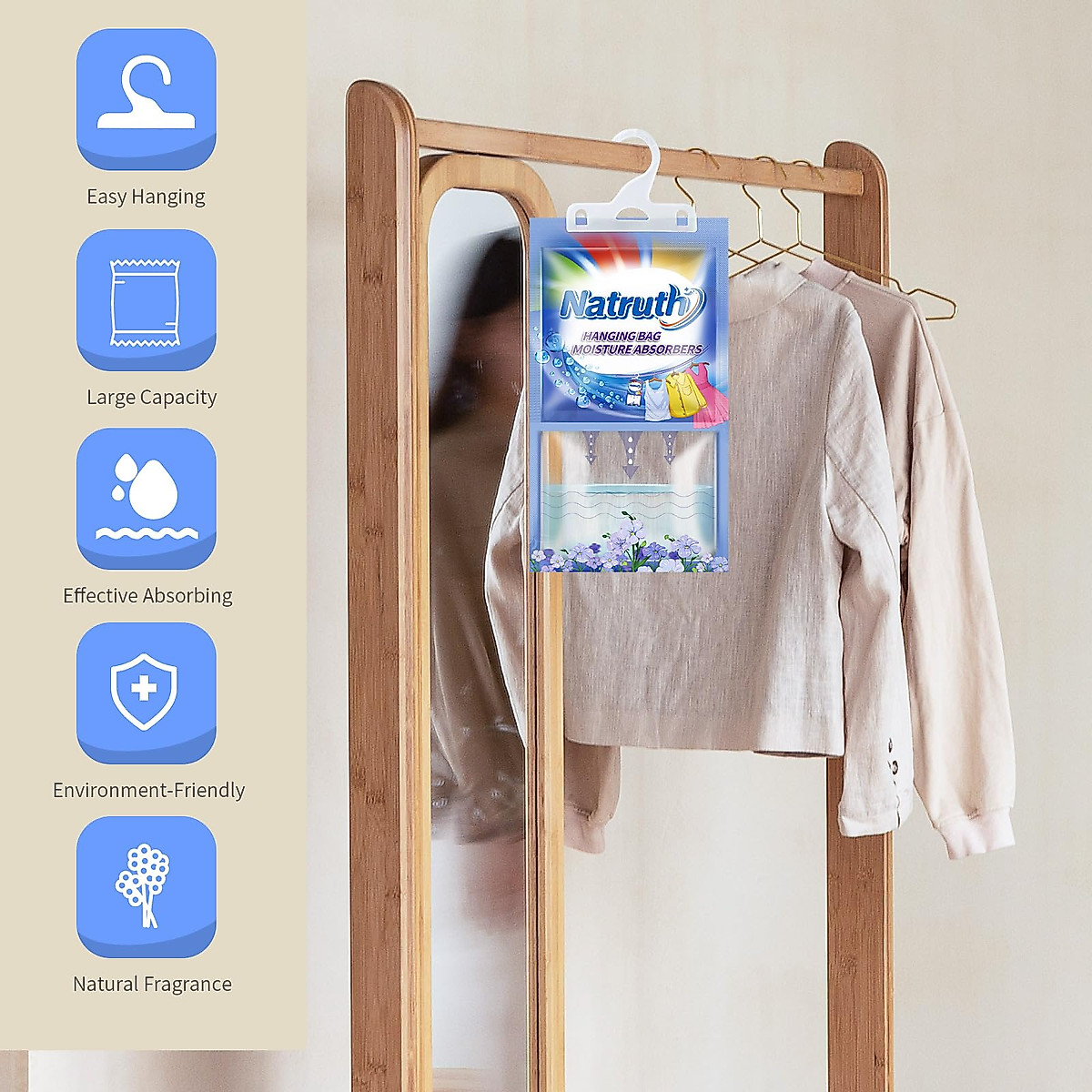 NATRUTH 12-PACK Moisture Absorber Bags With Fresh Linen,Desiccant Hanging Bag Use for Kitchen Bathroom Wardrobe, Eliminates Odors, Hanging Closet Dehumidifier Bags for Closet