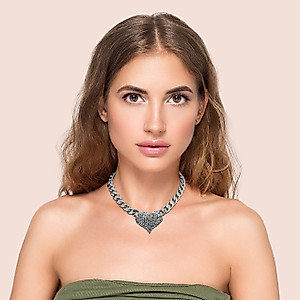 JOTW Silvertone Iced Out 3D Heart Pendant with a 16 Inch Adjustable Link Necklace