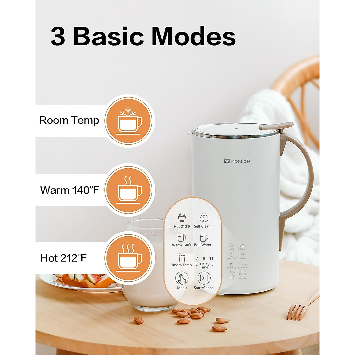 MOKKOM Nut Milk Maker, Automatic Almond Milk Machine for Homemade Plant-Based Milk, Oats, Soy, Dairy Free Beverages, 20 oz Soy Milk Maker with Delay Start/Keep Warm/Self-Clean/Boiling, Pearl White