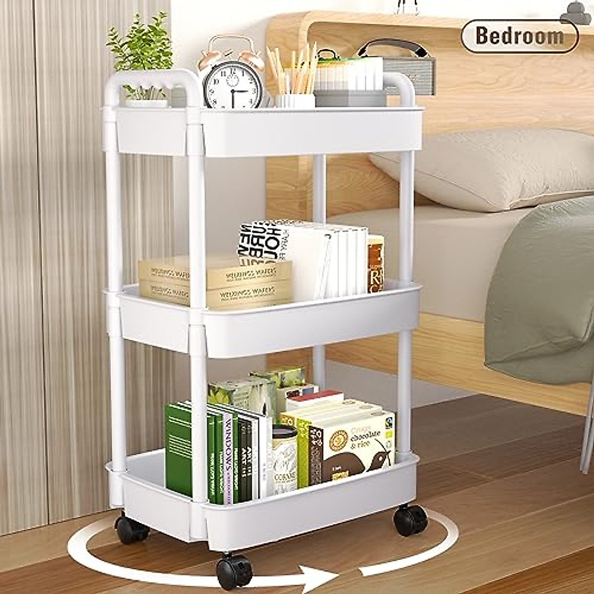 3 Tier Rolling Cart, Plastic Storage Cart, Multi-Functional Utility Cart Kitchen Storage Organizer,Mobile Shelving Unit Cart with Lockable Wheels for Bathroom,Laundry,Living Room,White