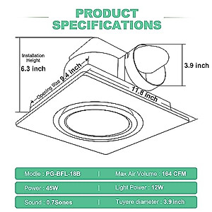 POWERENG Bathroom Exhaust Ventilation with Light,164 CFM 0.7Sones Quiet Ceiling Mount Ventilation Fan,6000K 12W LED,White,110V Vent Fan Ceiling
