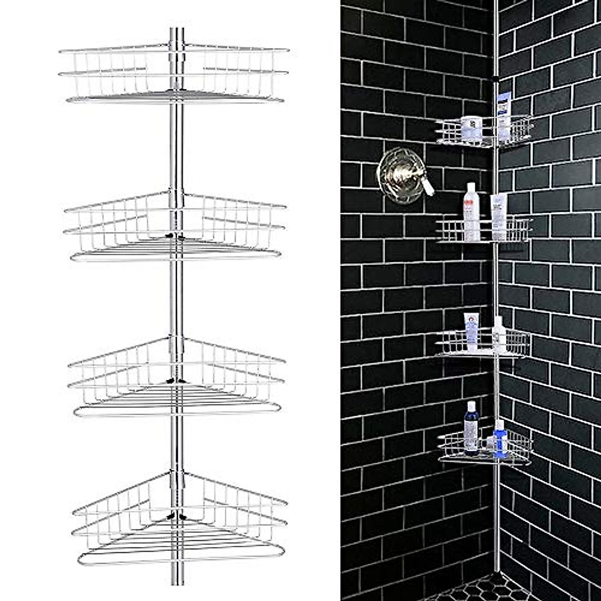 Gdrasuya10 4-Tier Bathroom Shower Shelf Rack storage basket with hook Constant Tension Corner Shower Caddy Shower Tension Pole Caddy 4-Shelf Rustproof Shower Tension Pole Caddy