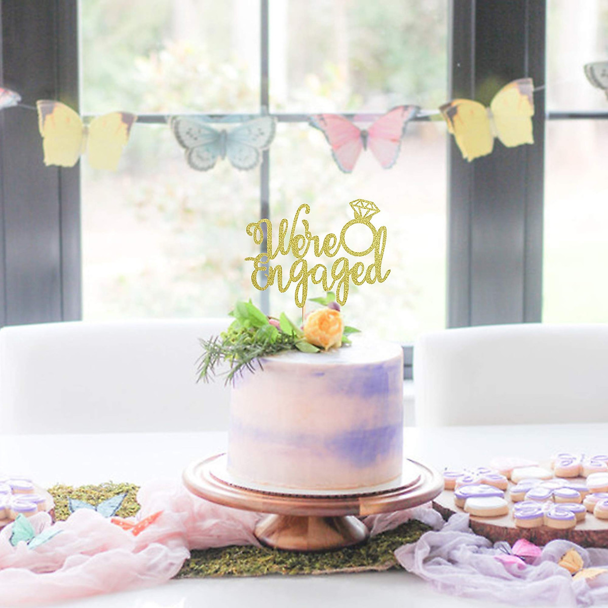 Ercadio 1 Pack Gold We're Engaged Cake Topper Glitter Bridal Shower Cake Pick Decorations for Wedding Engagement Theme Party Decorations