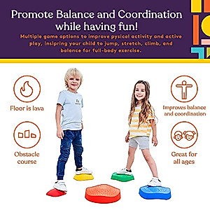 Special Supplies Stepping Stones for Kids, 5 Balance Indoor and Outdoor Blocks Promote Coordination, Balance, Strength, Child Safe Rubber, Non-Slip Edging, Stackable (Primary)