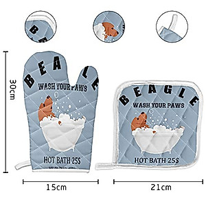 Cartoon Animal Oven Mitts and Pot Holders, Premium Insulation Ideal for Handling Hot Kitchenware, Hot Pads Potholders for BBQ, Cooking, Baking, Microwave, Grilling Cute Beagles Dog in Bubble Bath