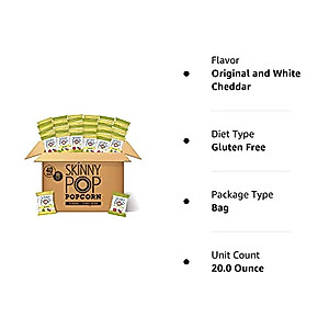 SkinnyPop Popcorn, Gluten Free, Non-GMO, Healthy Snacks, Skinny Pop Variety Pack (Original & Dairy Free White Cheddar Popcorn), 0.5oz Individual Size Snack Bags (40 Count)
