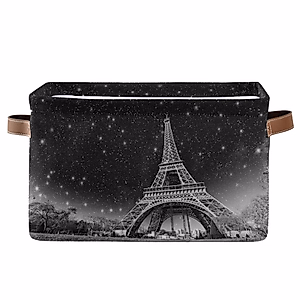 ALAZA Decorative Basket Rectangular Storage Bin, Wonderful Night View of Eiffel Tower in Paris Organizer Basket with Leather Handles for Home Office