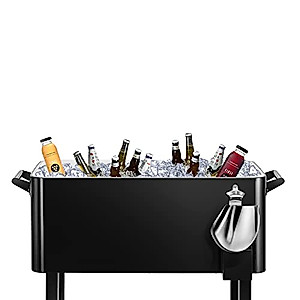 EDOSTORY 80 Quart Black Rolling Ice Chest Cooler Cart,Patio Backyard Party Drink Beverage Bar Stand Up Cooler Trolley with Ice Scoop