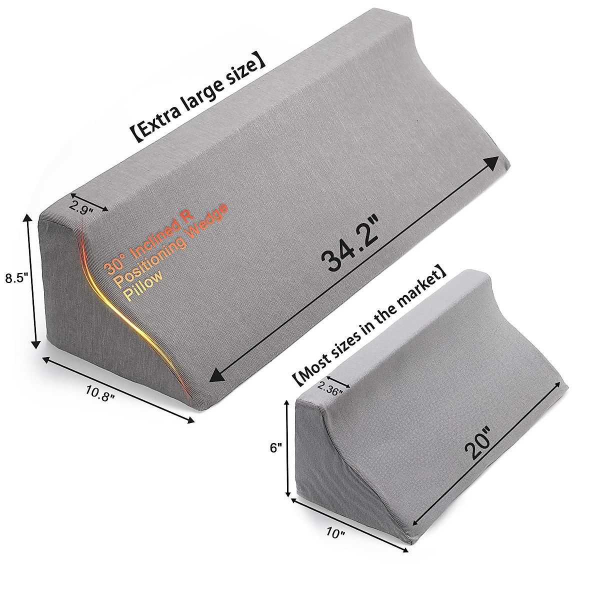 34in Wedge Pillow for Sleeping,Bed Wedge Pillows for After Surgery Body Positioners, Triangle Foam Wedge Pillow for Side Sleeping, for Pregnancy, Back, Leg Pain Relief, Grey Machine Washable Cover